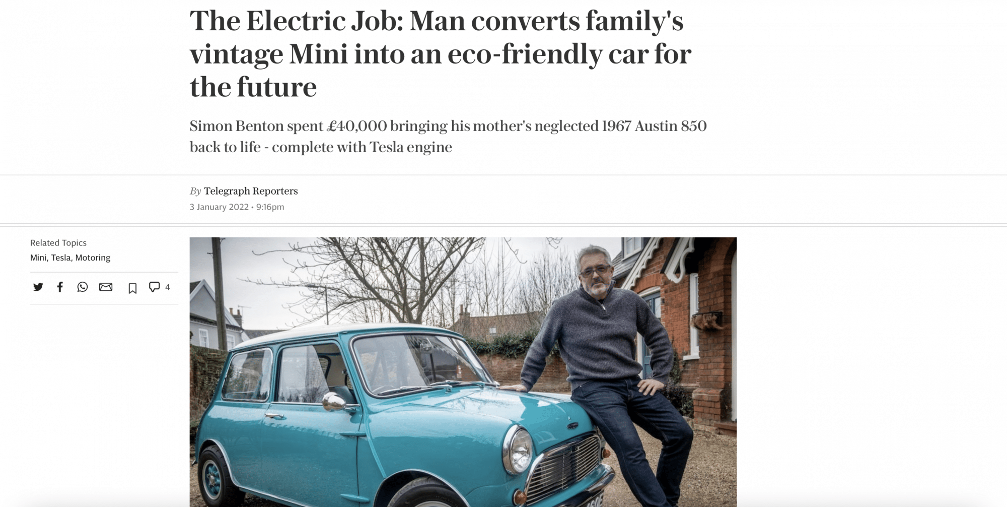 Featured - Our 1967 Mini 850 in The Telegraph - Bridge Classic Cars